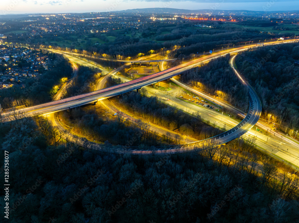 Long exposure aerial image of the M60 Manchester outer ring road ...