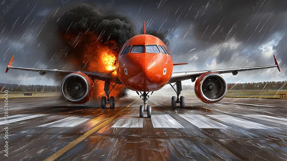 Dramatic 3D of a commercial airplane with one engine on fire making an ...