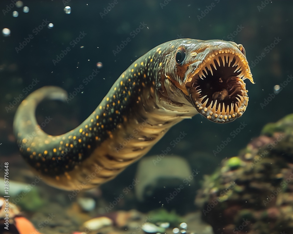 realistic photo a lamprey fish with its slimy, smooth skin, circular ...