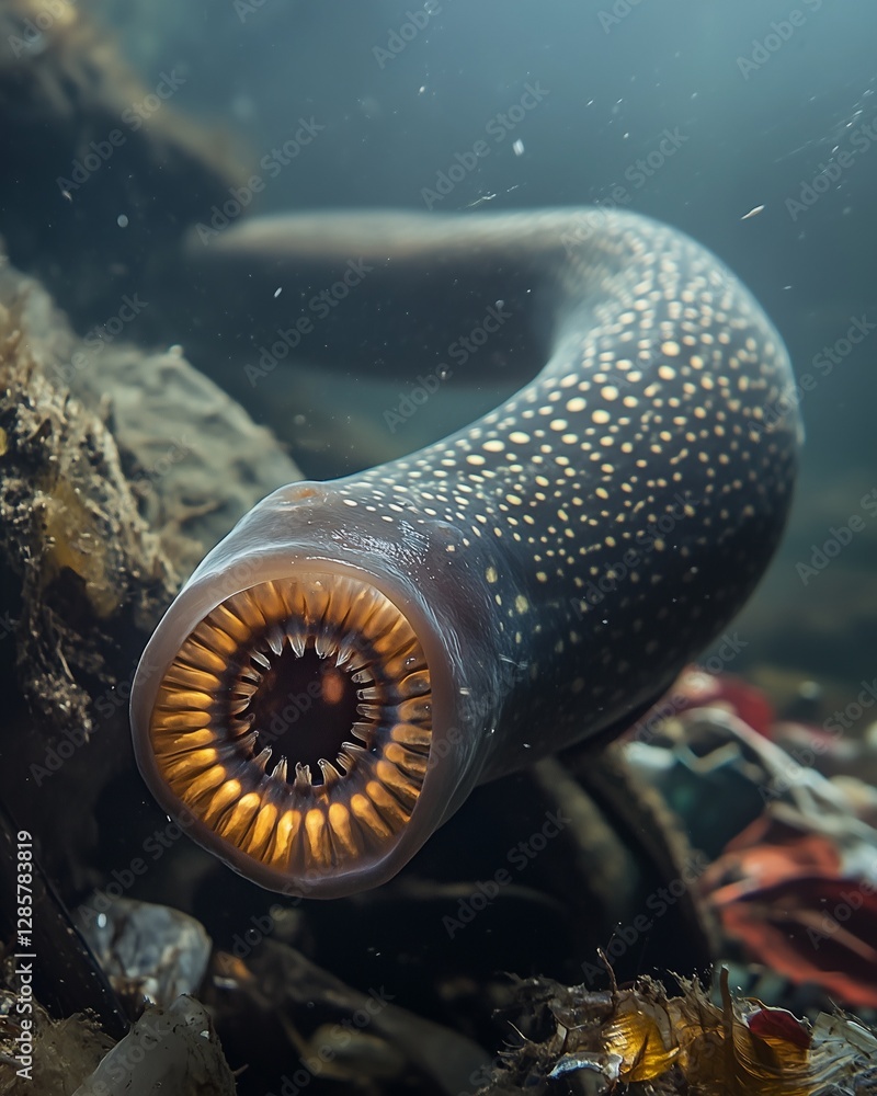 realistic photo a lamprey fish with its slimy, smooth skin, circular ...