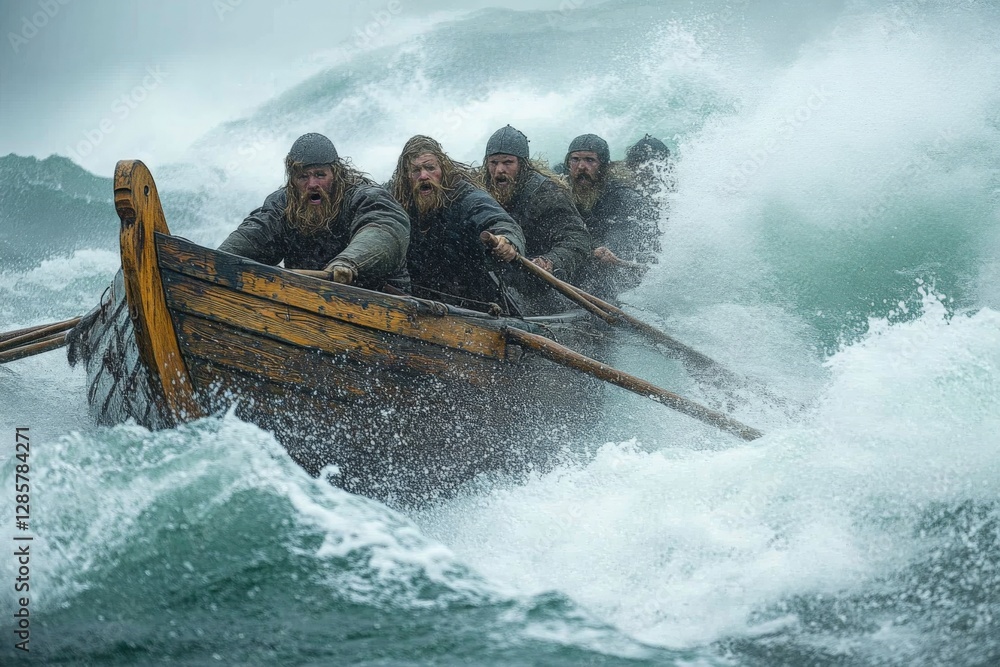 Four men rowing vigorously through tumultuous ocean waves in a historic ...