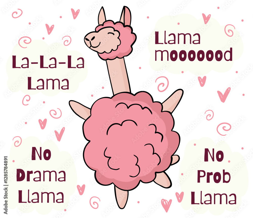 Cute llama, hearts and text la-la-la lama, no prob llama, no drama ...