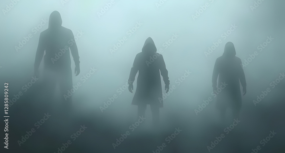 Ghostly figures emerging from thick fog background. Mysterious ...