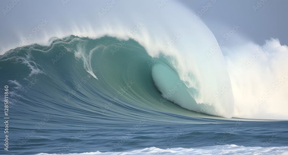 Massive tidal wave crashing background. Towering water wall curling ...