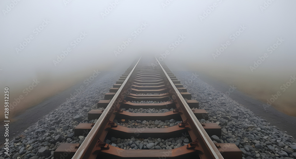 Rusty abandoned train tracks disappearing into the fog background ...