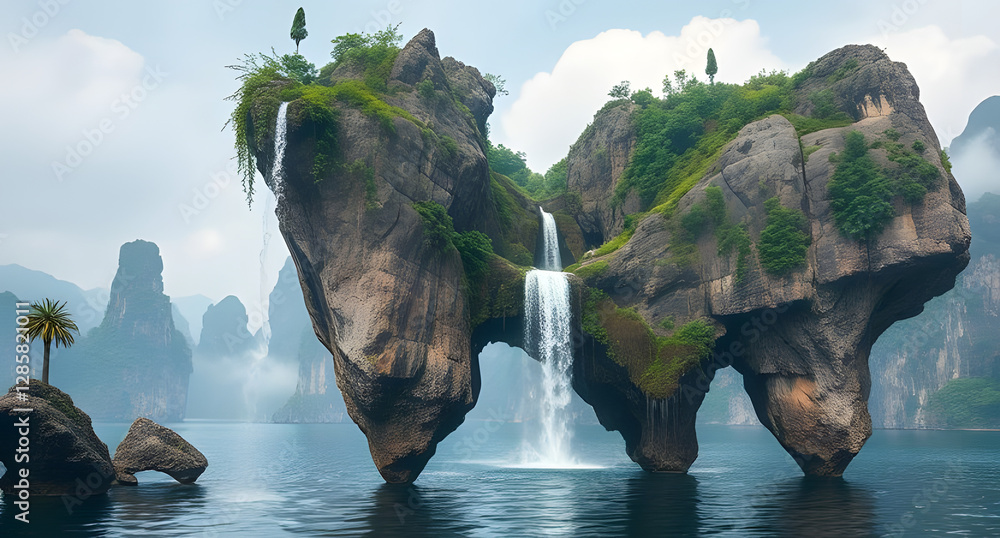 Floating islands with waterfalls cascading down background. Massive ...