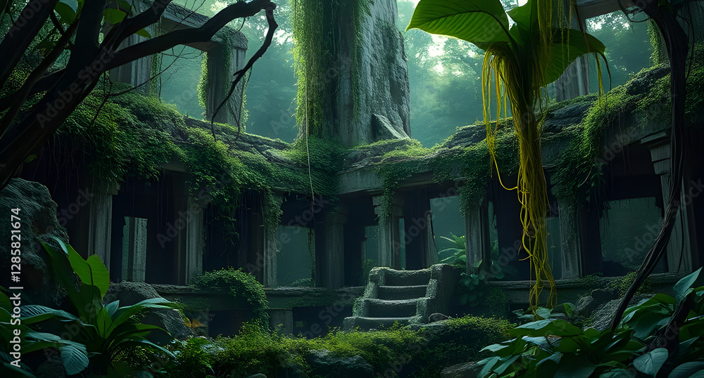 Overgrown jungle ruins with glowing vines background. Nature reclaiming ancient structures Stock ...
