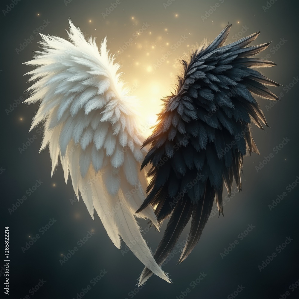 Single angel and demon wings crossed, white and black feathers on ...
