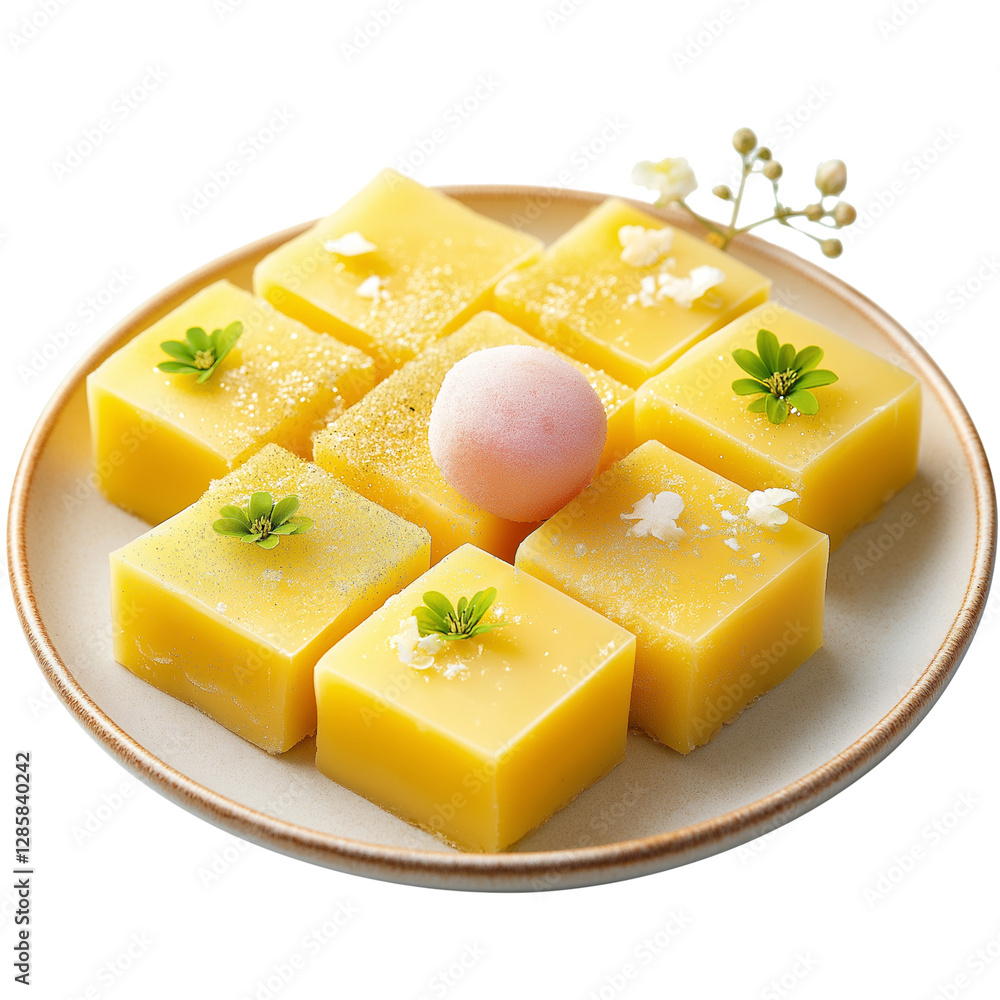 Yellow-colored fudge on a plate, isolated against a transparent ...