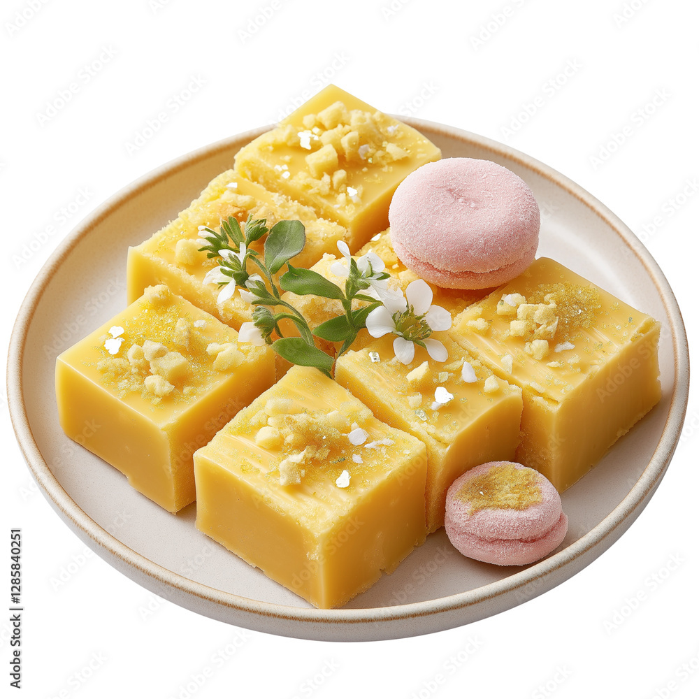 Yellow-colored fudge on a plate, isolated against a transparent ...