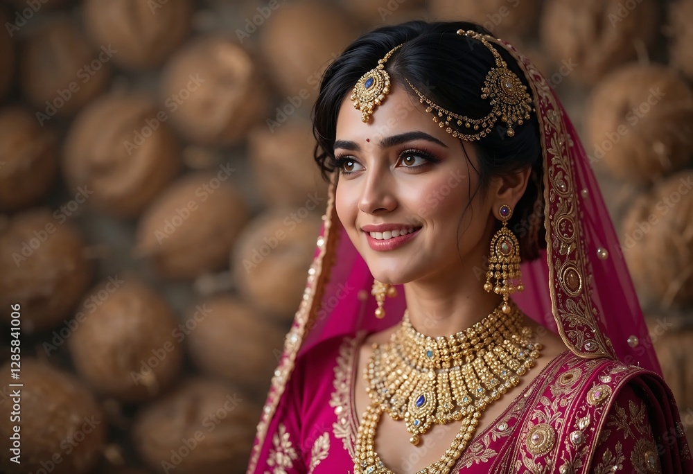 Smiling South Asian bride in traditional attire, adorned with intricate ...
