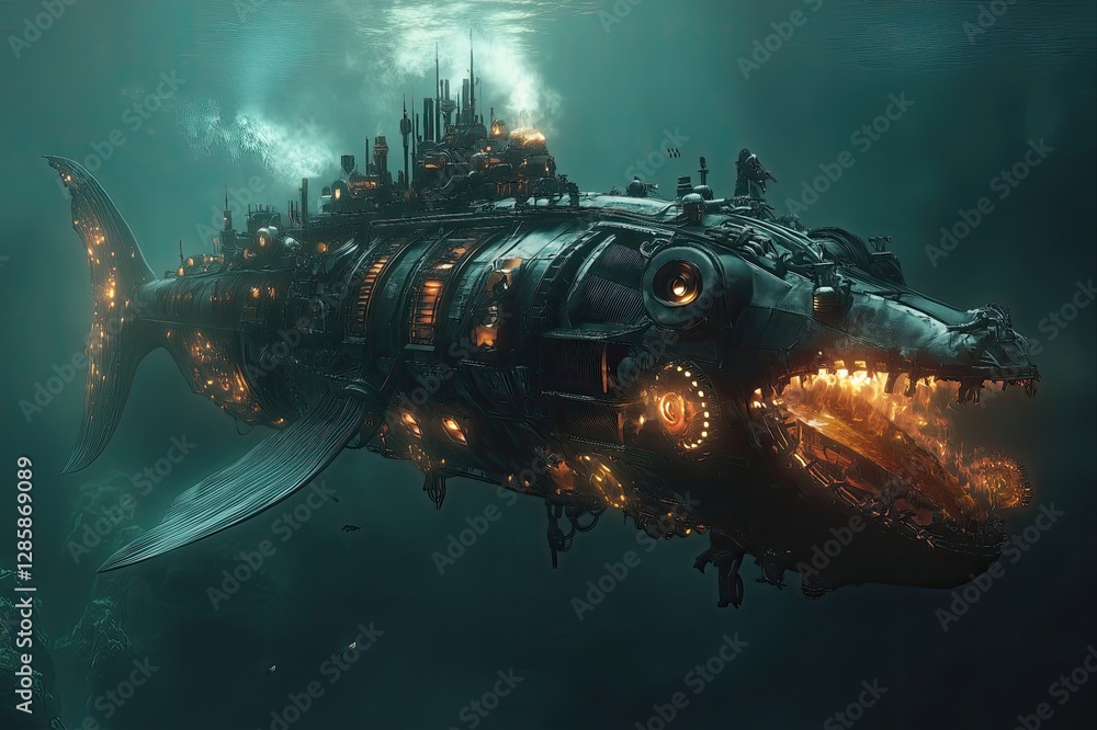 A Deep Sea Leviathan Hunters A fleet of steampunk submarines, each ...