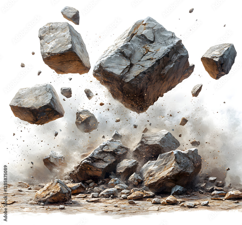 Destroyed Stone Wall Crumbling into Large Chunks on transparent ...