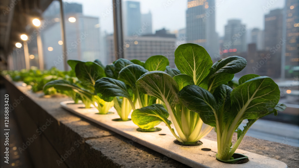 Spoon-shaped tatsoi glows on a stone counter. Backlight deepens its ...