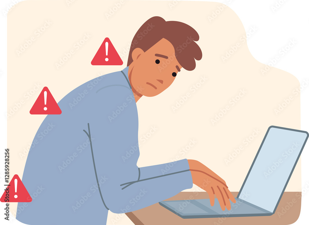 Ilustração Hunched man sits at computer, risking ruining health and ...