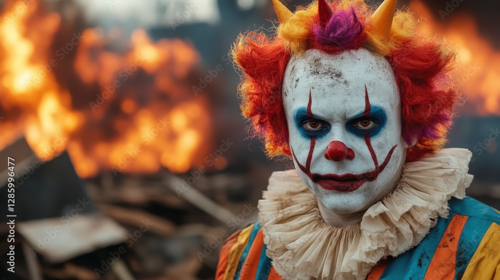Sinister clown with vibrant hair and painted face stands amidst a fiery ...