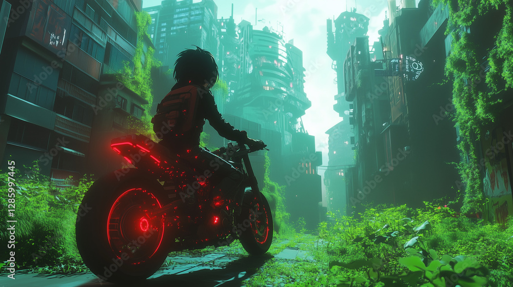 Abandoned neon city overgrown with bioluminescent plants, anime ...