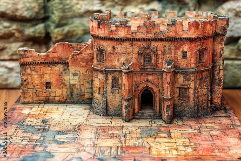 Detailed model of a weathered stone castle tower with attached ruined ...