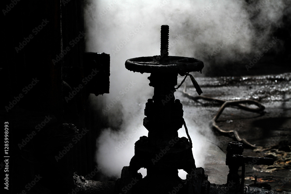 Series of pipes, valves and pumps transfering hot dangerous materials ...