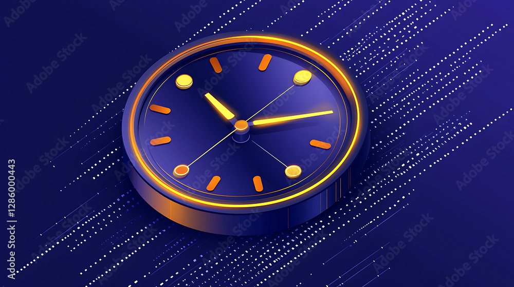 Isometric 2D design of a clock with glowing hands for time management ...