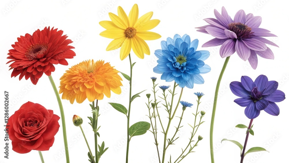 Presentation of four distinct flowers – roses in red and yellow hues ...