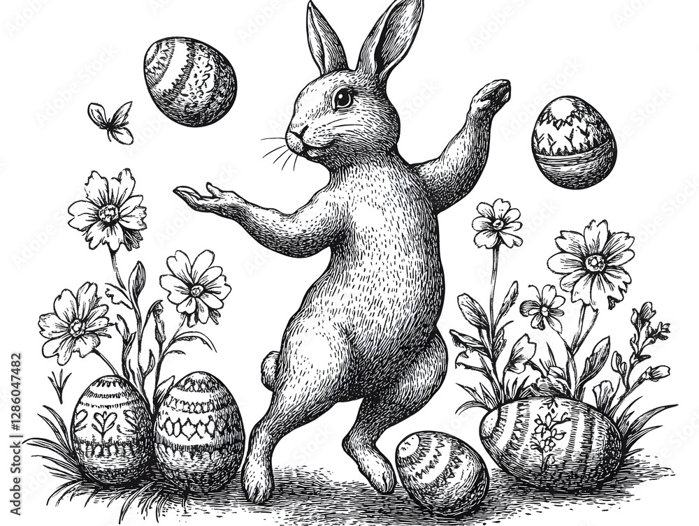 Easter bunny joyful rabbit dancing among decorated Easter eggs and ...