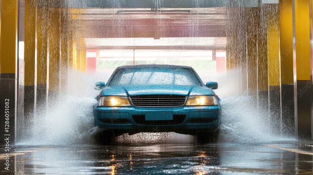 Car moving through an automated wash station with water droplets on the ...