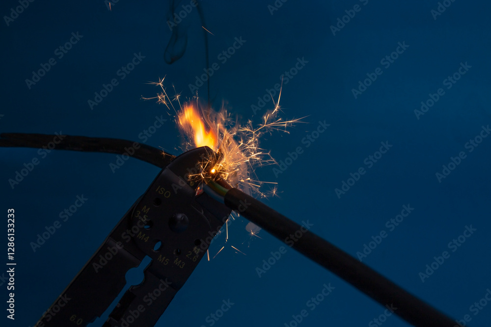 flame and sparks with wire stripper cutting electrical cables, on dark ...
