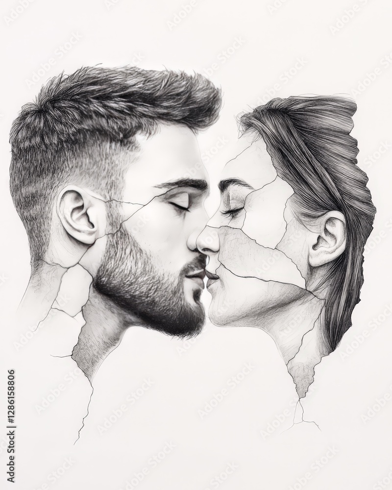 Black and white realistic pencil sketch of passionate couple in ...