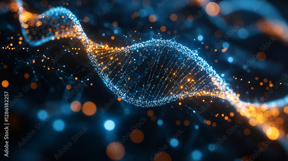Glowing DNA helix with bioluminescent particles, futuristic genetics, digital science, 3d ...