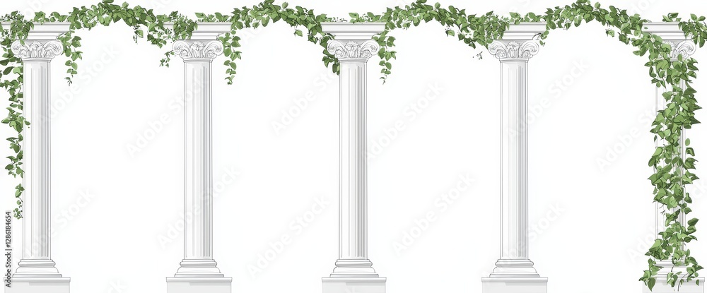 Greek marble columns draped in green ivy, isolated on a white ...