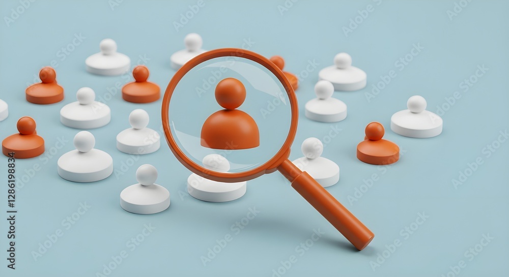 Ícono humano amarillo en lupa entre íconos blancos sobre fondo azul que ...