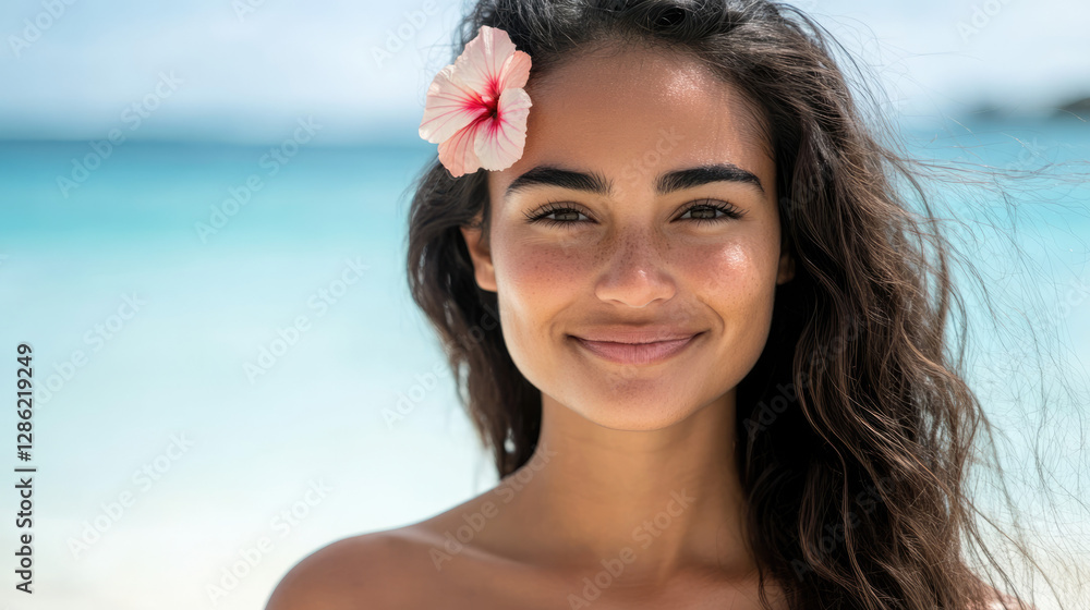 Polynesian woman with glowing tan skin, long wavy dark hair adorned ...