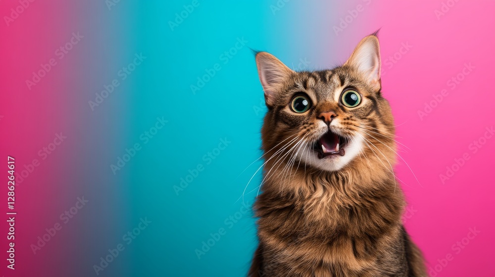 Fluffed-up cat with a shocked expression stares directly into the ...