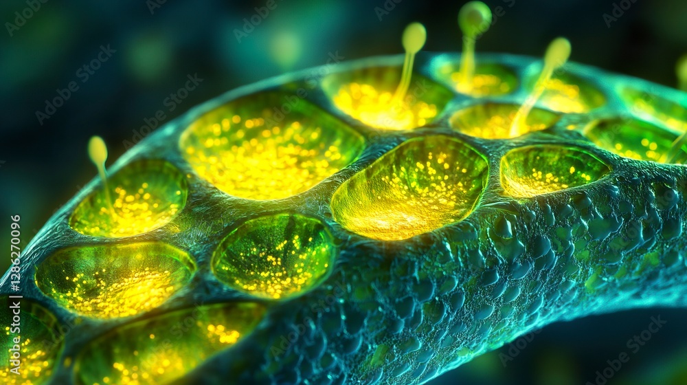 Close up image of yellow and green cells under microscope in biological ...