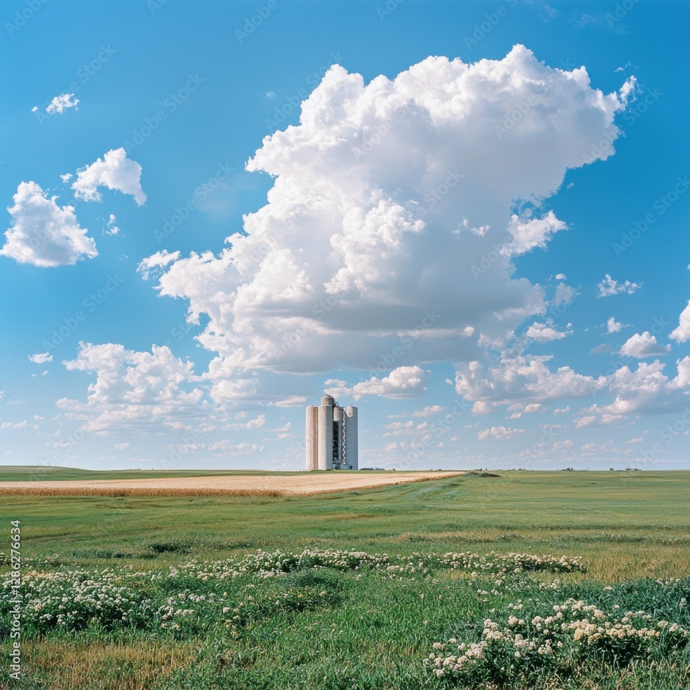 Grain surplus sales at a grain elevator against a cloudy sky expansive ...