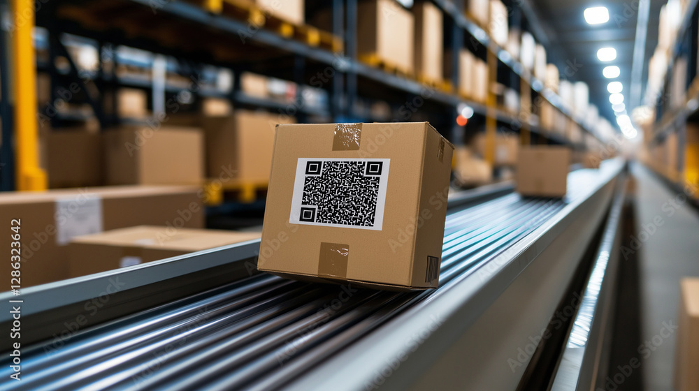 A robotic warehouse sorting machine scanning QR codes on cardboard ...