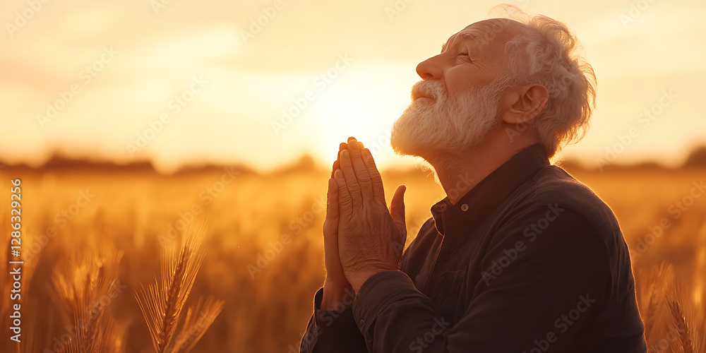 Elderly man praying in a field at sunset, face tilted up towards the ...