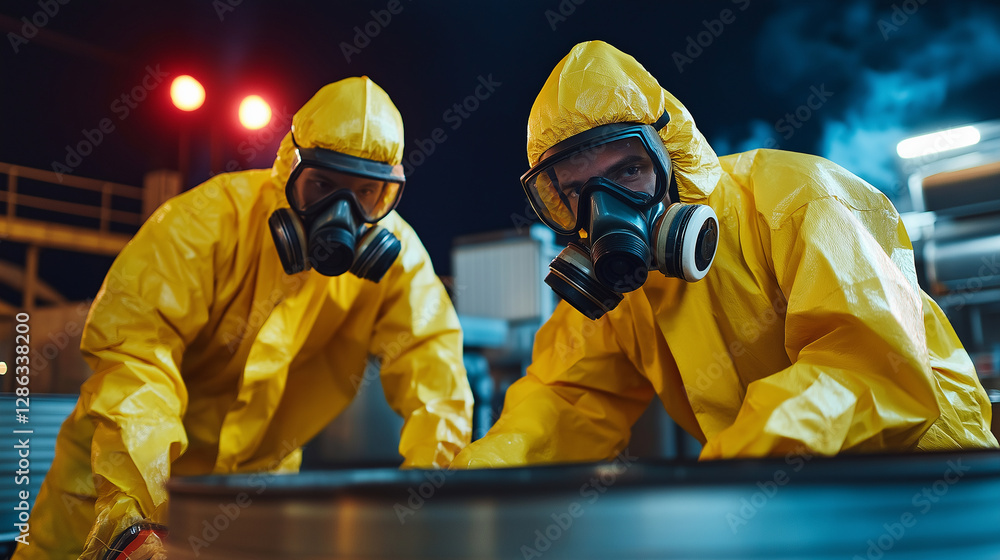 Wearing bright yellow hazmat suits and gas masks, two industrial ...