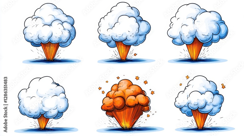 Cartoon explosion animation frames, six stages of a small explosion with orange and white smoke ...
