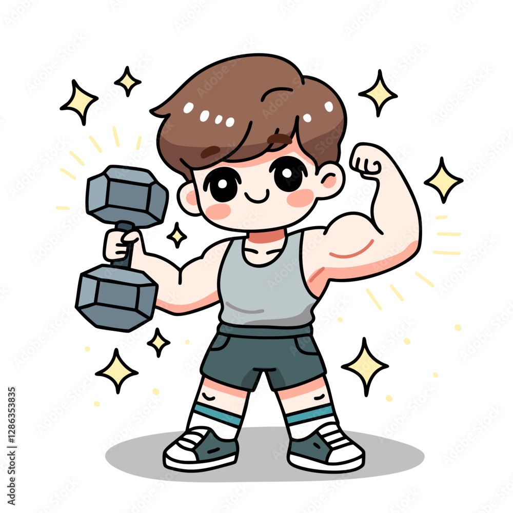 Chibi-style boy in workout attire lifts a dumbbell and flexes his ...