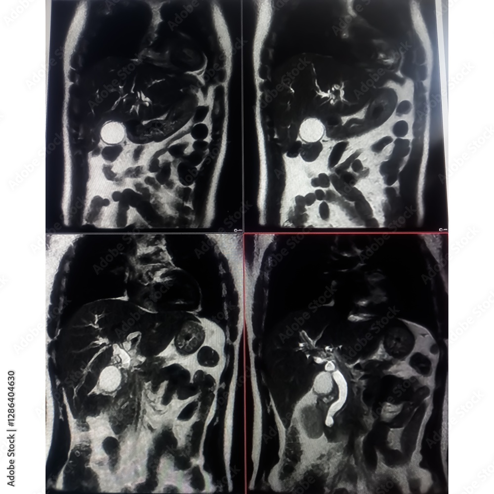 MRCP film of MRI of abdomen. Hepatic parenchymal tiny calcification ...