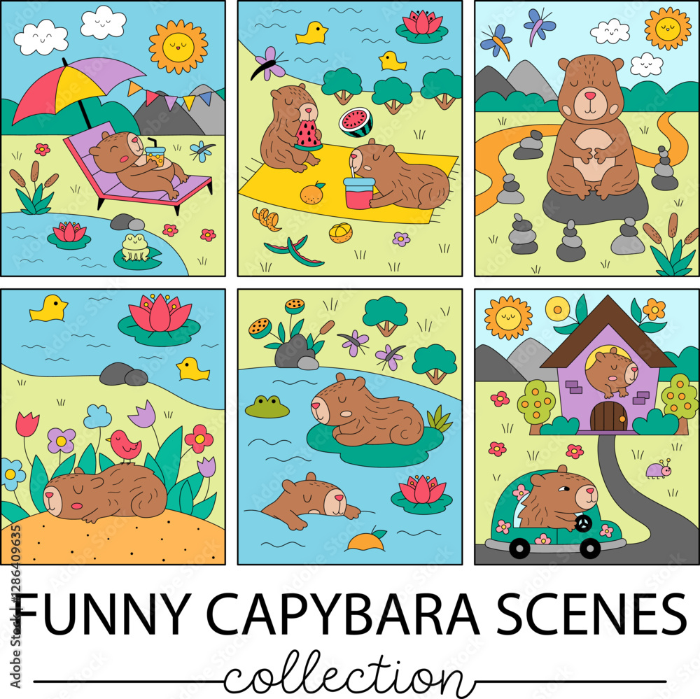 Vector capybara vertical scenes. collection Capibara landscape ...