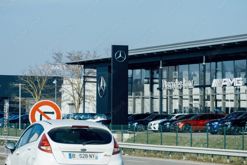 Strasbourg, France - Feb 18, 2025: A Mercedes-Benz dealership with AMG ...