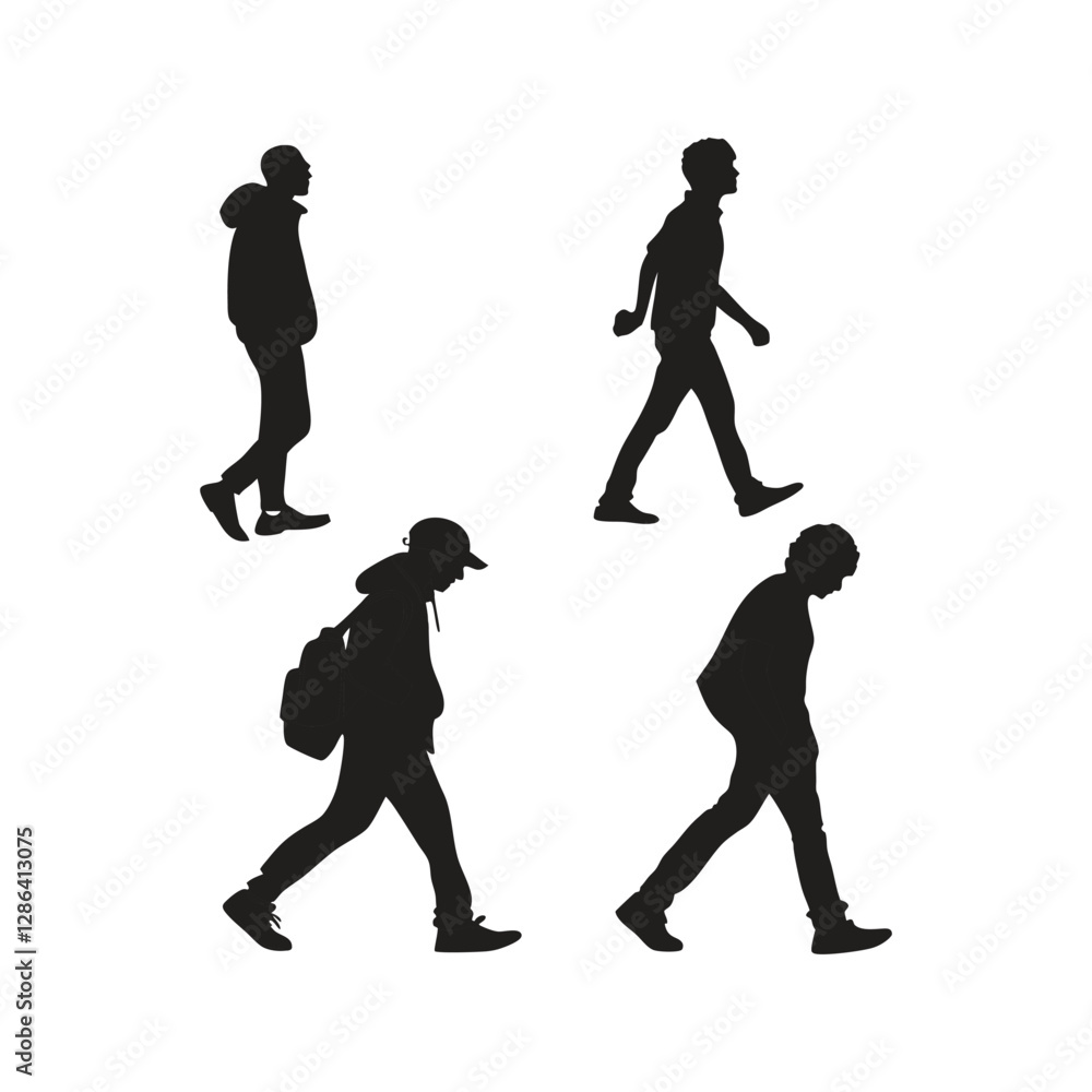 Transparent available random people walking Black silhouette vector art ...