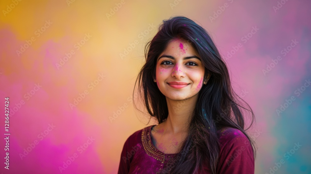 Holi Rang Panchami Portrait of Indian woman enjoying in color powder in ...