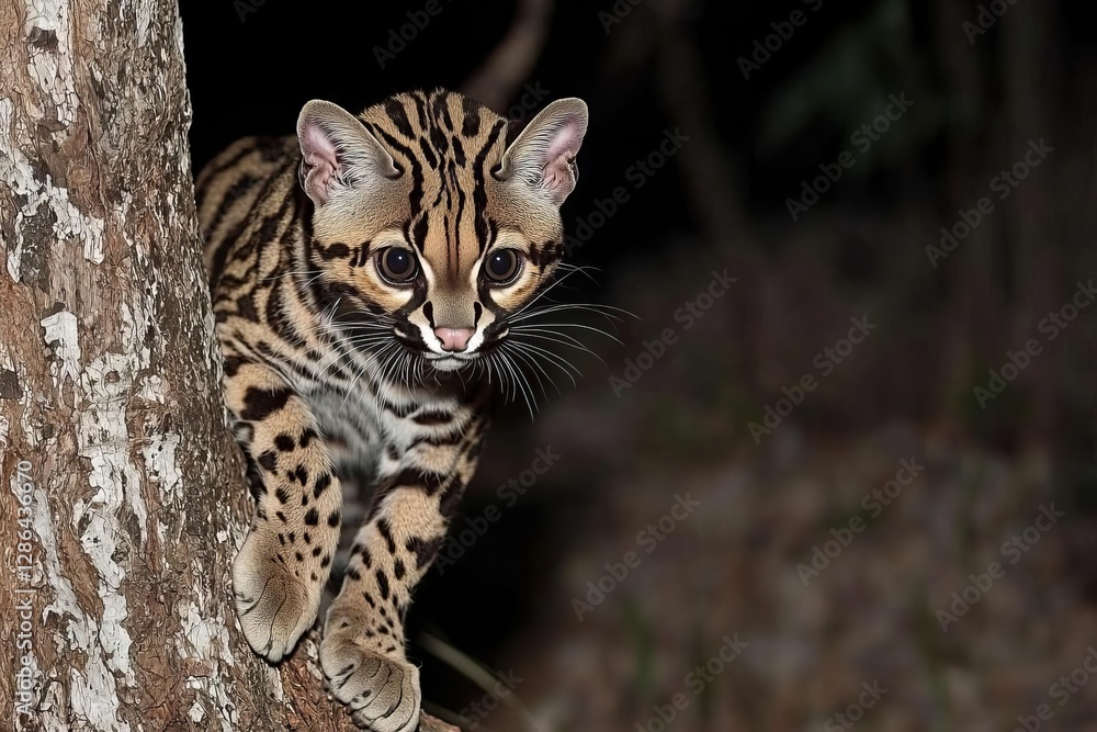 Very rare ocelot in the night of brazilian jungle, endangered and ...