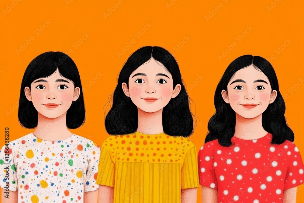 Three young girls in colorful outfits standing together against bold ...