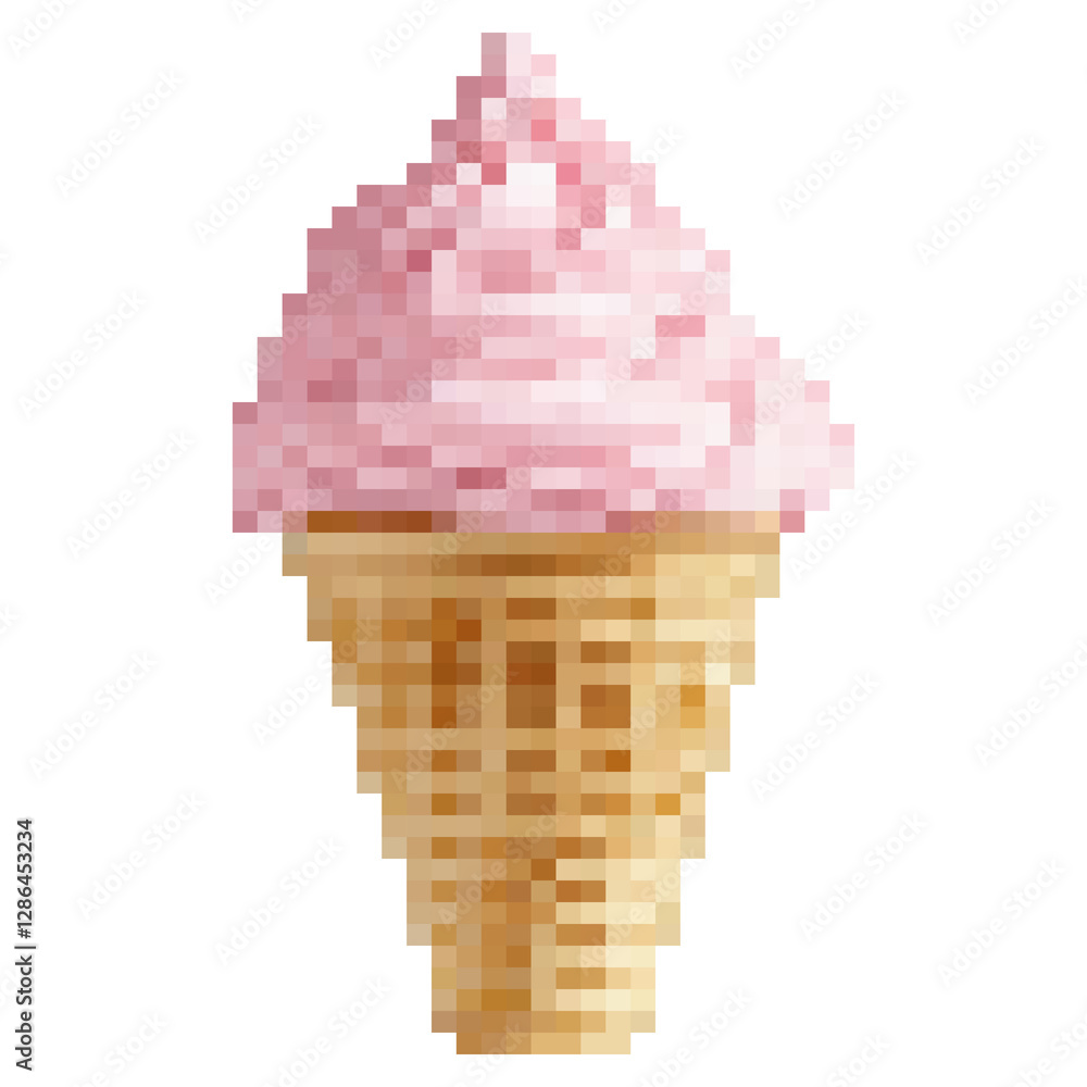 8-bit pixel art waffle cone with pink ice cream scoop, frozen dessert ...