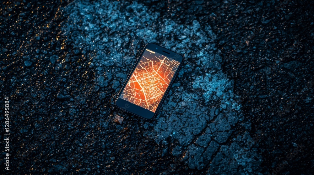 Top down view of a cracked smartphone lying on a road The screen ...